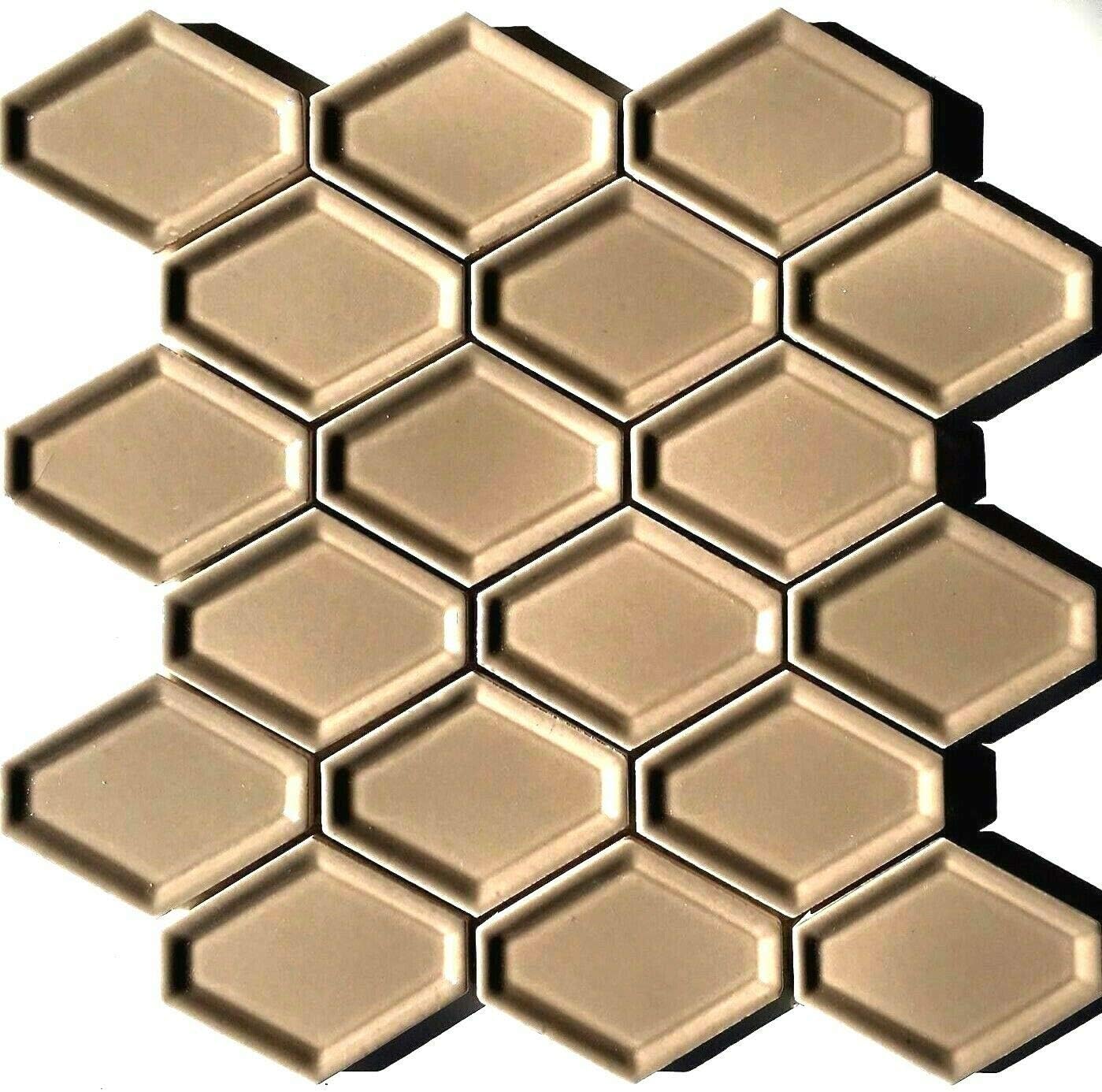 3 Dimensional Concave Hexagon Taupe Soft Gray Oblong Ceramic Mosaic on ...