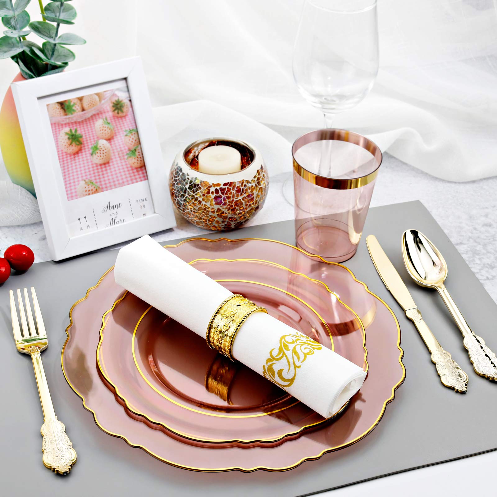 KIRE 30 Guest Clear Pink Plastic Plates with Gold Rim& Disposable Gold ...