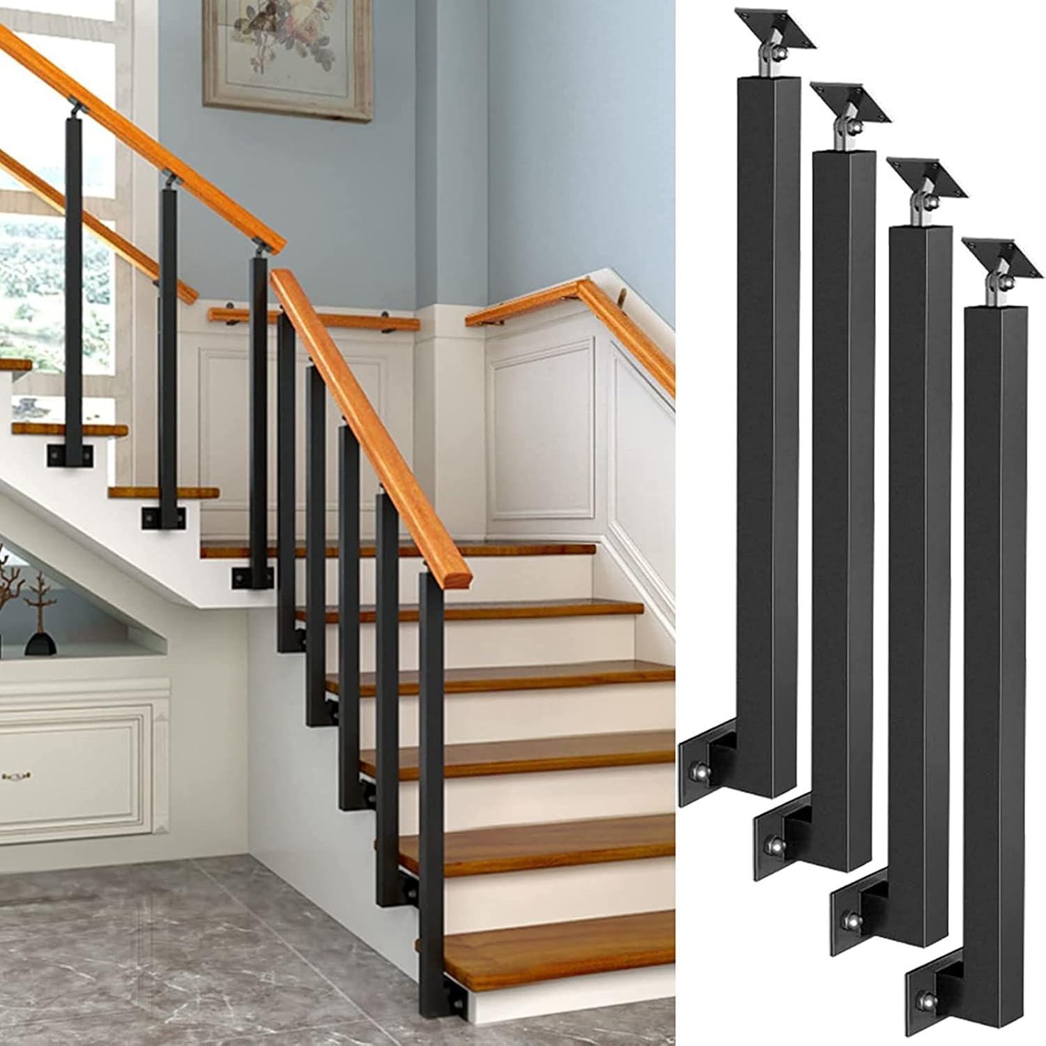 Side Mounted Railing Pillar - Stair Balusters Post, Black Metal ...