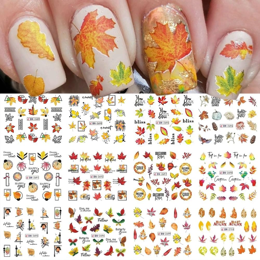 Amazon.com: Fall Nail Stickers, 12Sheets Autumn Nail Decals Water ...