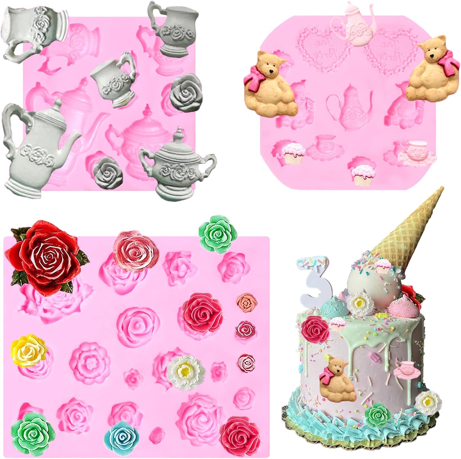Amazon.com: Tea Party Cake Silicone Mold 3 Pcs, Teapot Tea Cup Fondant ...