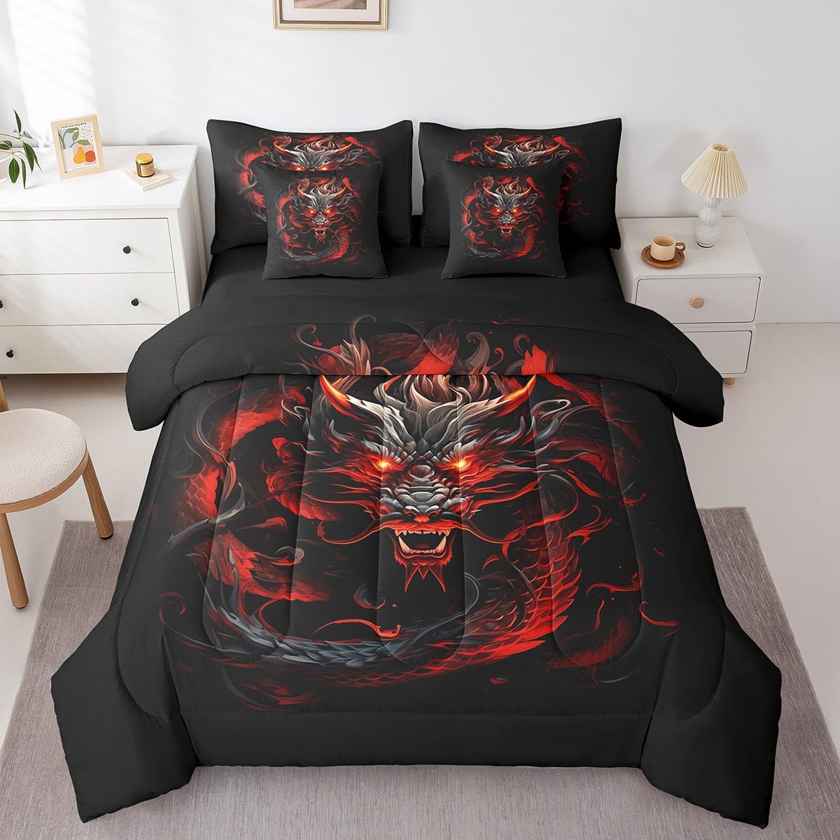 Amazon.com: Red Black Dragon Bed in a Bag Queen Size,Glowing Flame ...