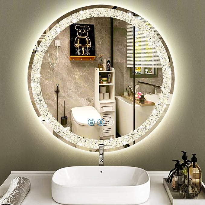 Amazon.com: THEKLA Crystal Round Lighted Mirror for Bathroom Makeup ...