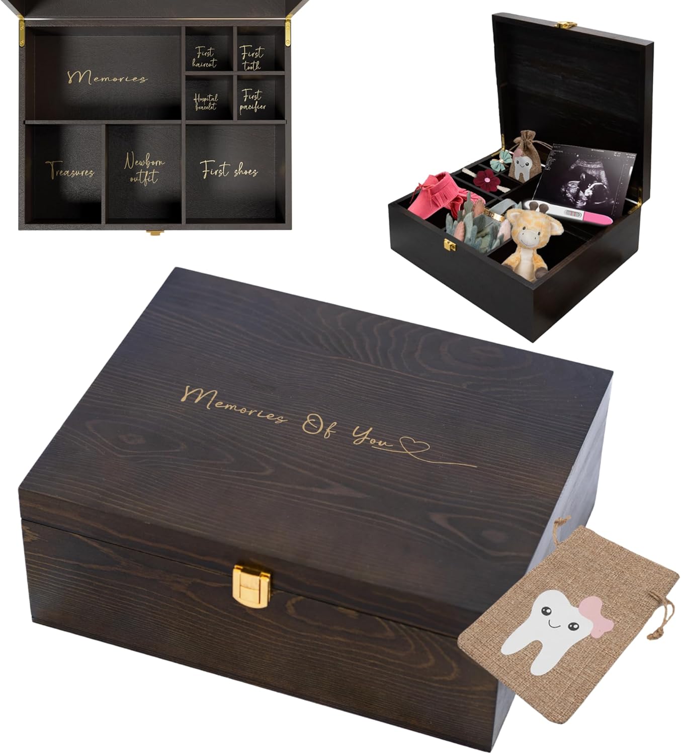 Amazon.com: Wooden Baby Keepsake Box with Tooth Fairy Tooth Holder Bag ...