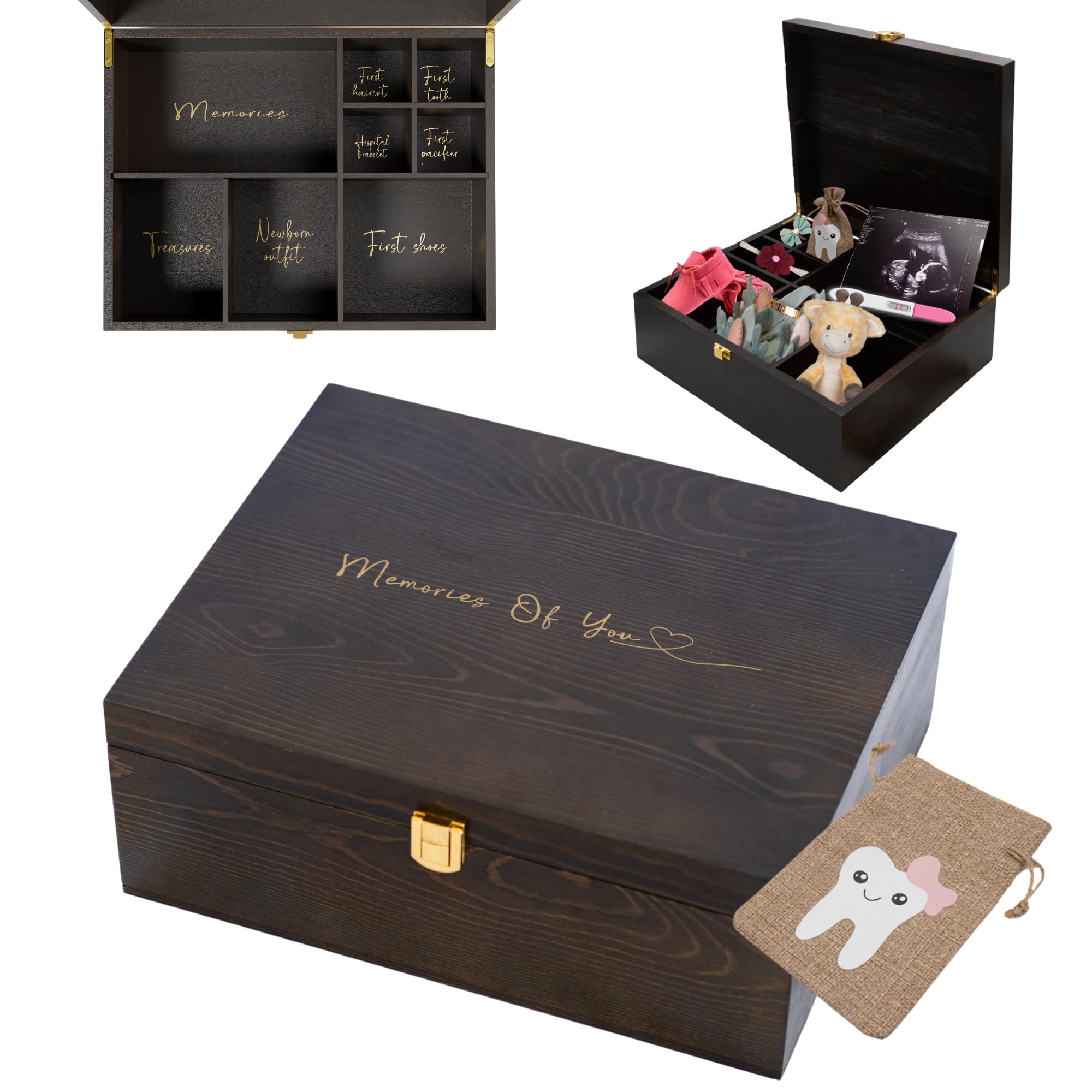 Amazon.com: Wooden Baby Keepsake Box with Tooth Fairy Tooth Holder Bag ...