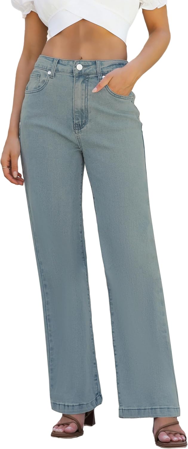 ETTELO Womens Jeans Hig Waisted Straight Leg Loose Stretchy Lightweight ...