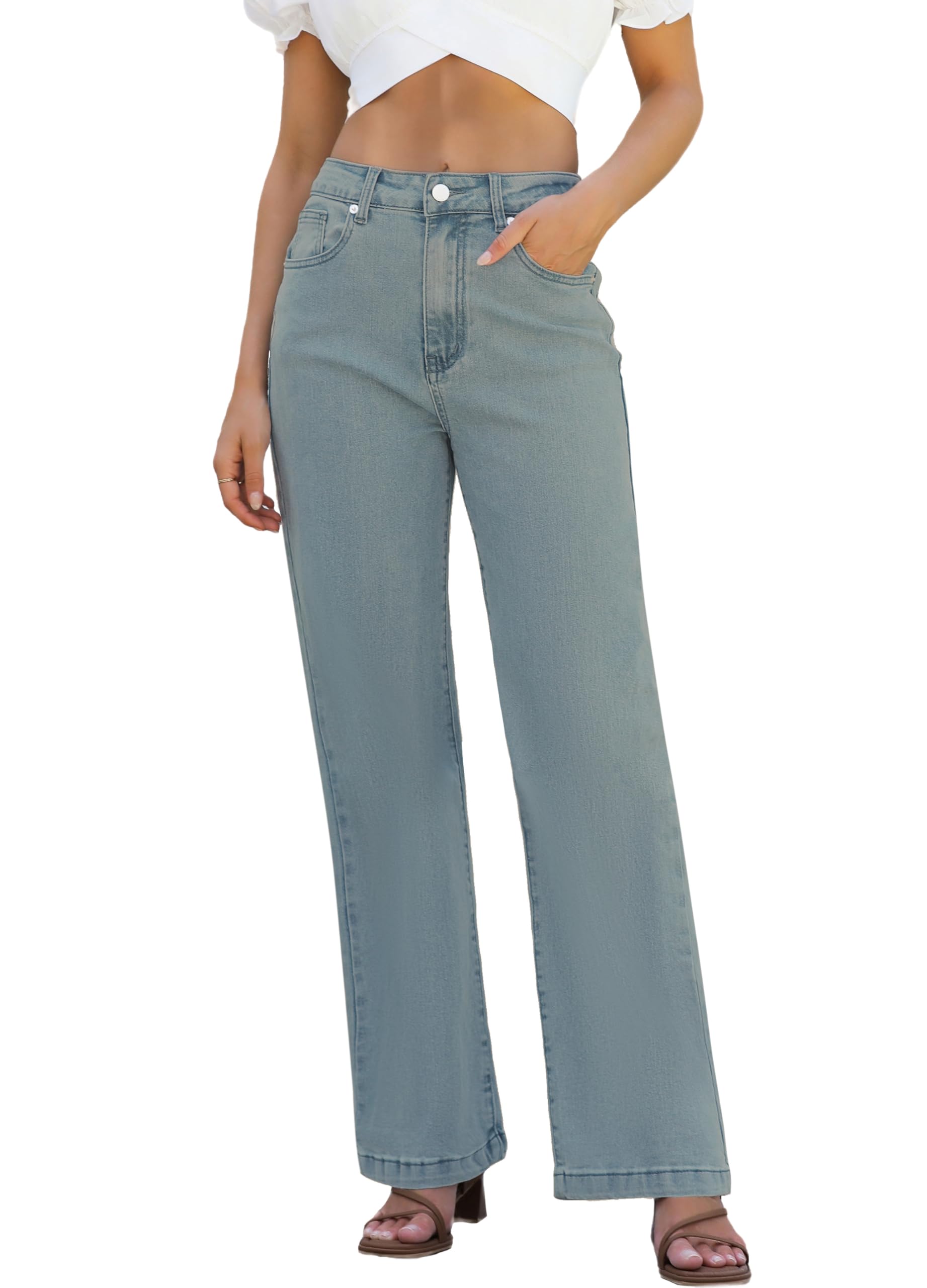 ETTELO Womens Jeans Hig Waisted Straight Leg Loose Stretchy Lightweight ...