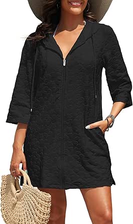 Yonique Terry Cloth Cover Up - Long Sleeve Cover Swimsuit Hooded Zipper ...