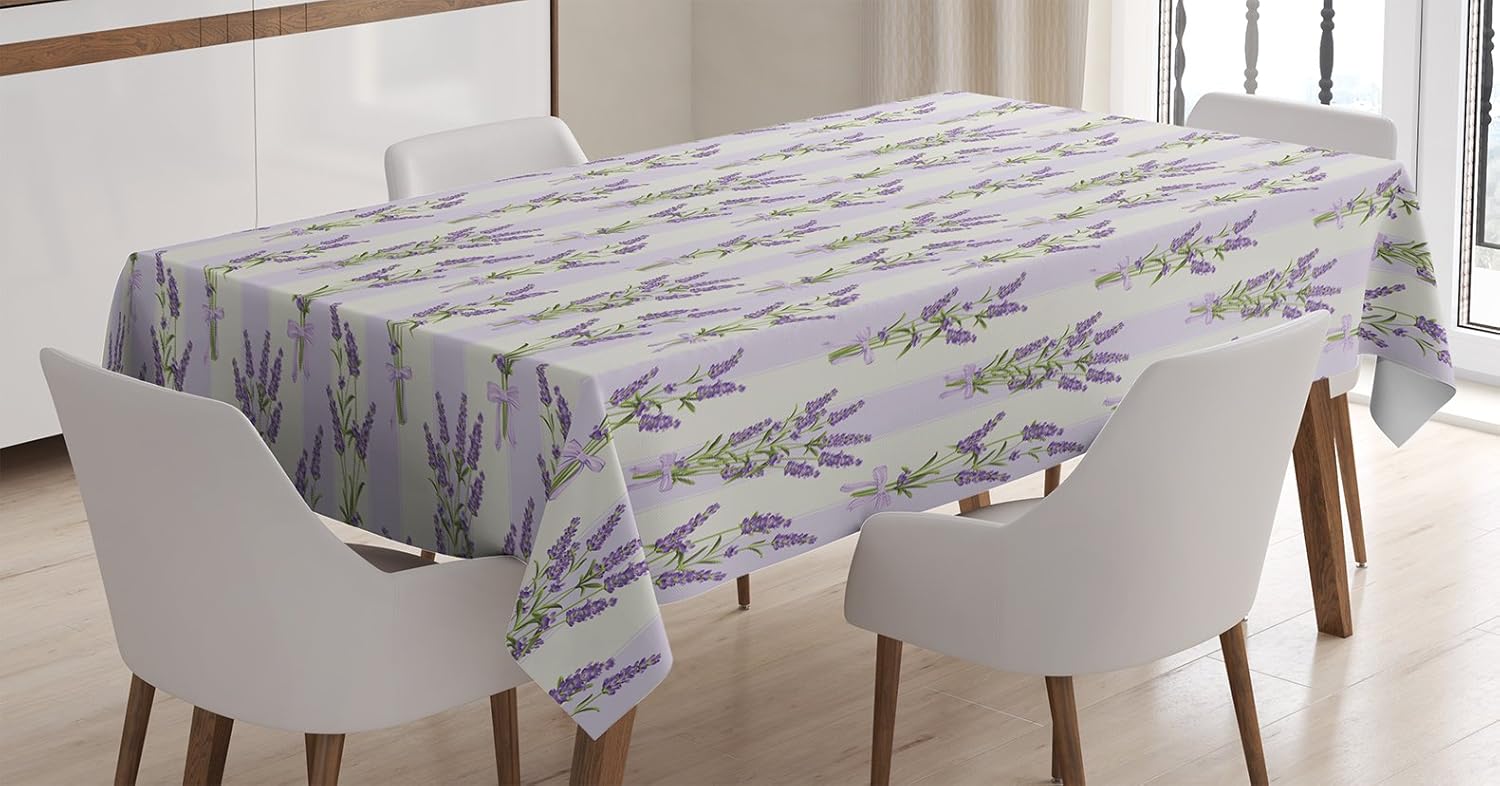Amazon.com: Ambesonne Lavender Tablecloth, Stripes and Flowers Ribbons ...