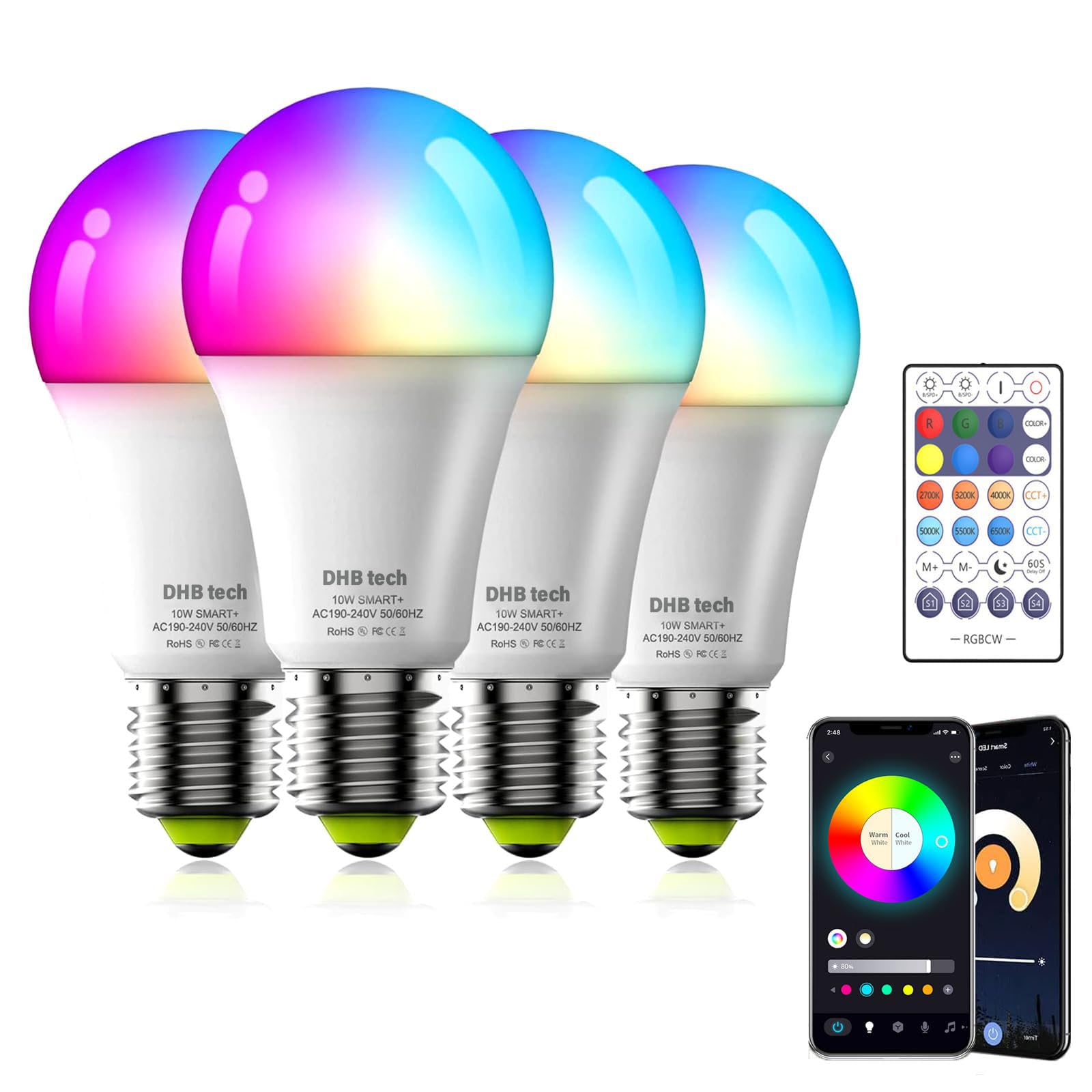DHB tech Smart Light Bulbs, 10W led WiFi Smart Bulb, RGB Color Changing ...