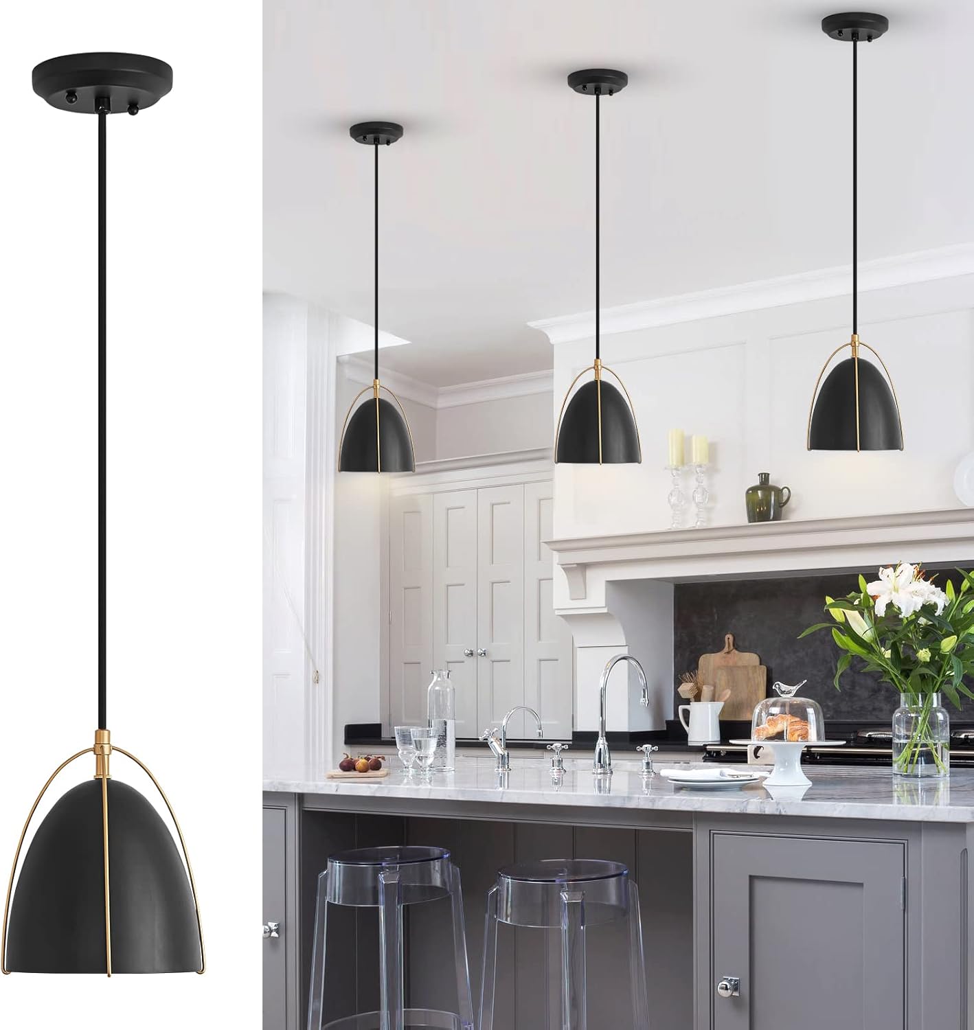 AIRYPHANT 2 Pack Modern Black Pendant Lighting Dome Pendant Light for ...