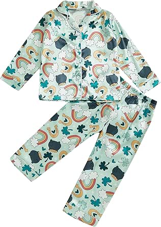 Amazon.com: Kavousa Toddler Girl Boy Satin Silk Pajamas Bow Clover Print Pajama Set Button Down ...