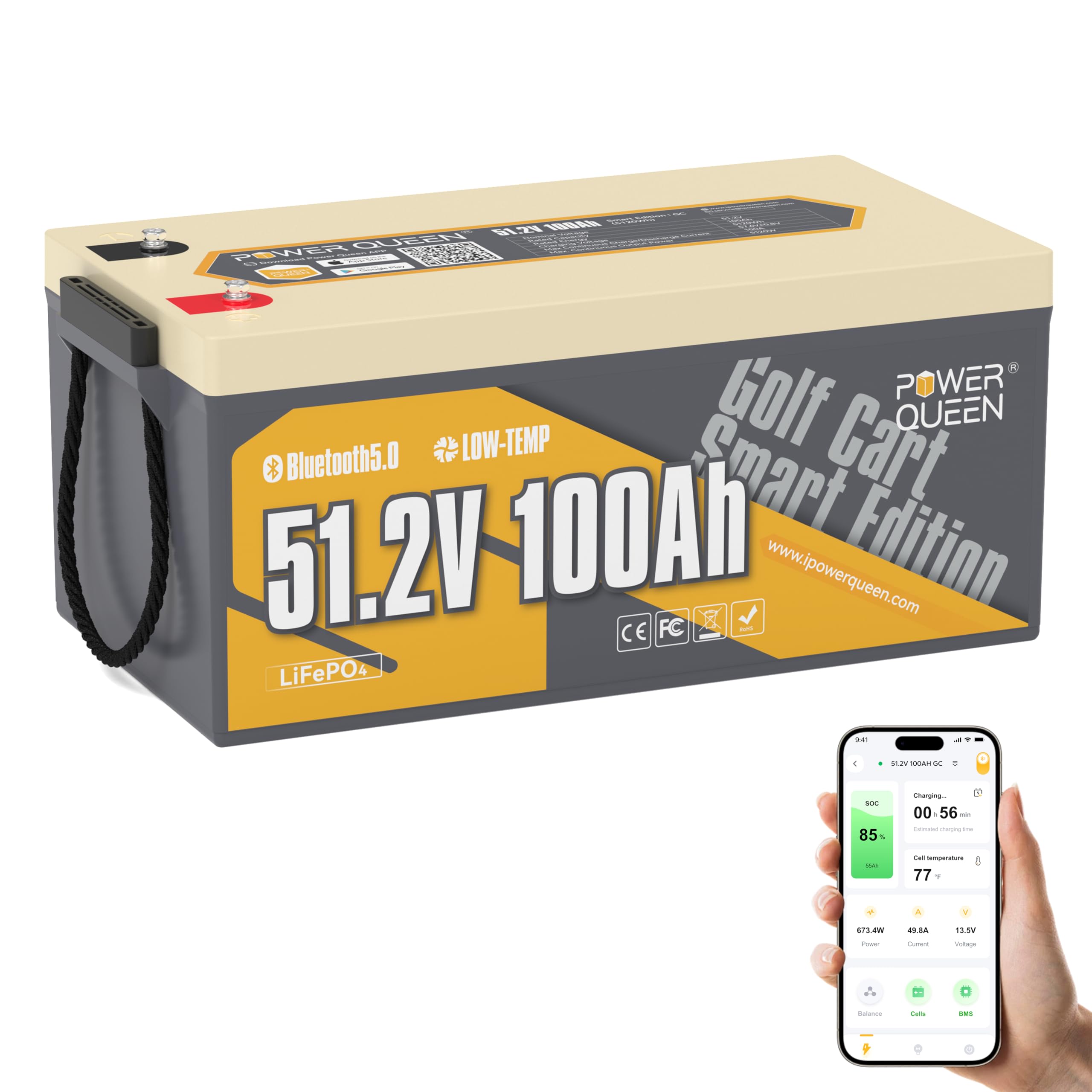 Amazon.com: Power Queen 48V 100Ah Lithium Golf Cart Battery, Group GC2 ...