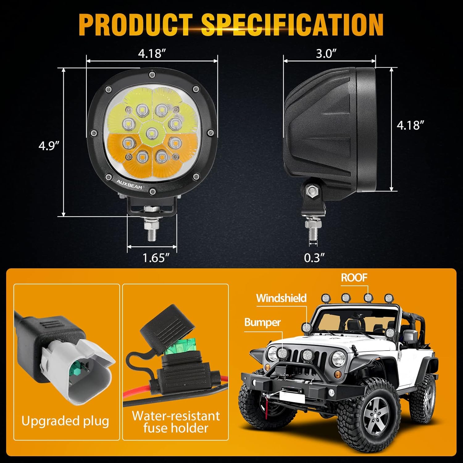 Auxbeam 4 Inch Round Offroad Light, 90W LED Amber White Spot Strobe Light Pods with 6 Modes ...