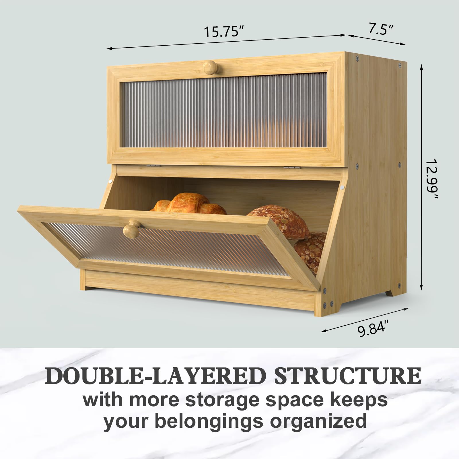 LOHASOK Double Layer Bamboo Bread Box for Kitchen Counter-Large ...