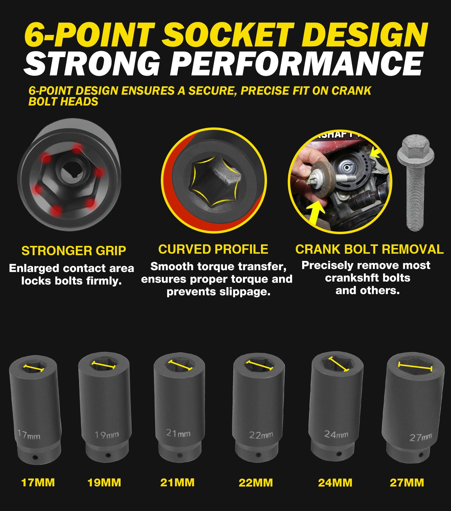 Snapklik.com : 6 Pack 1/2 Drive Crank Bolt Socket Set, 17MM, 19MM, 21MM ...