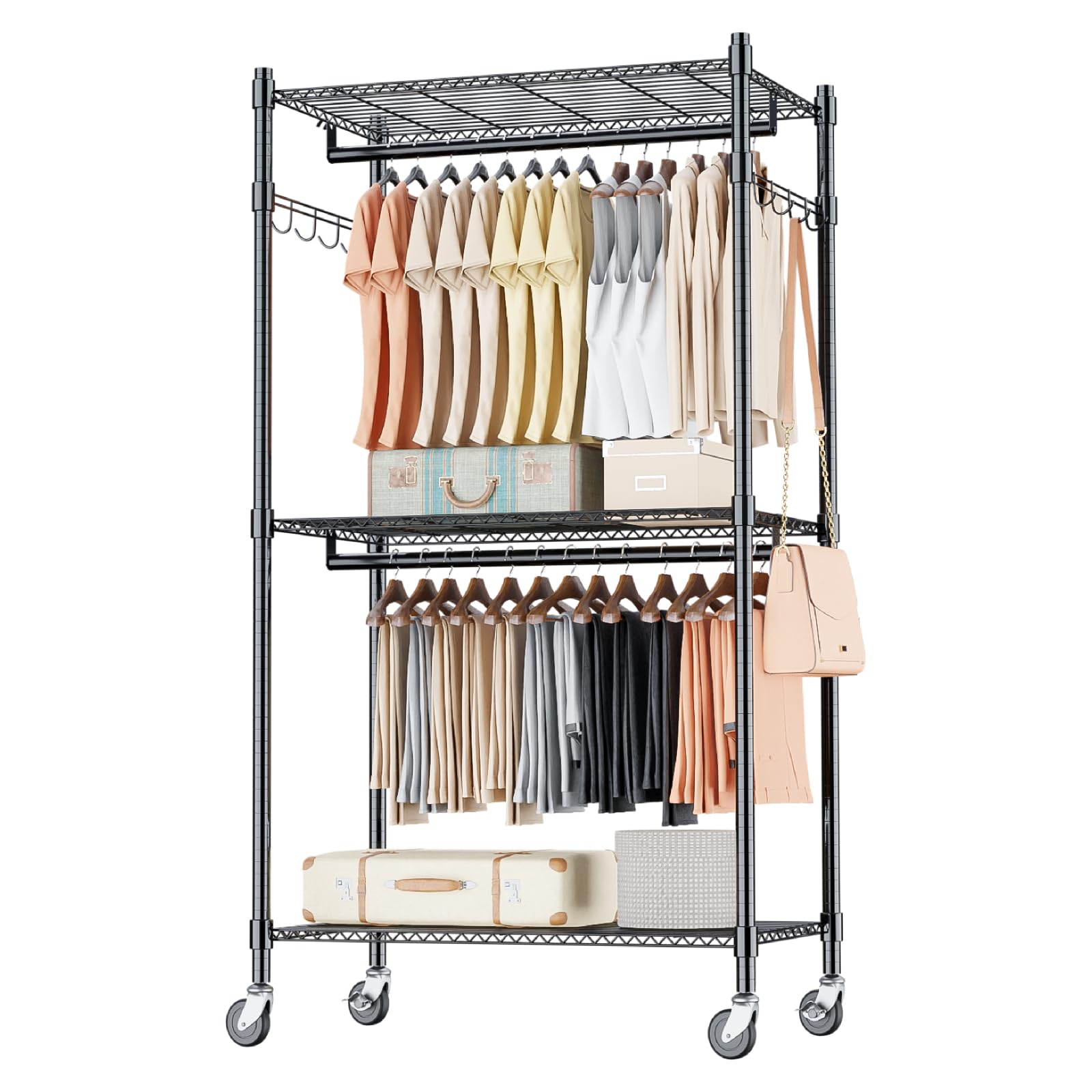 3 tier Double Rod Garment Rack/Clothes Rail with Height-Adjustable ...