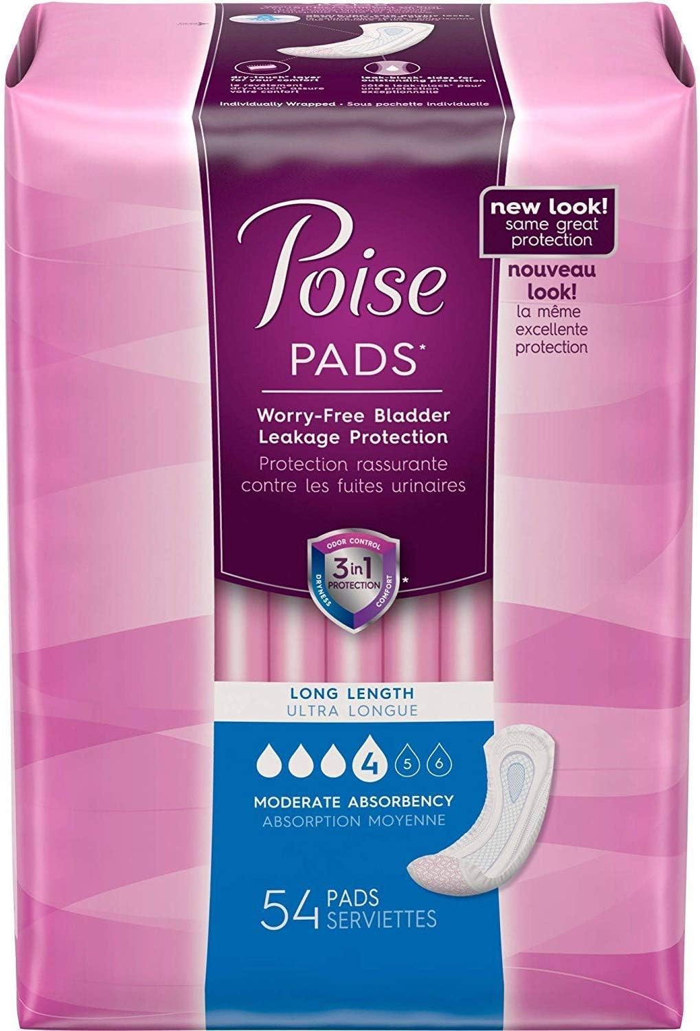 Amazon.com: Poise Incontinence Pads, Moderate Absorbency, Long, 54Count ...