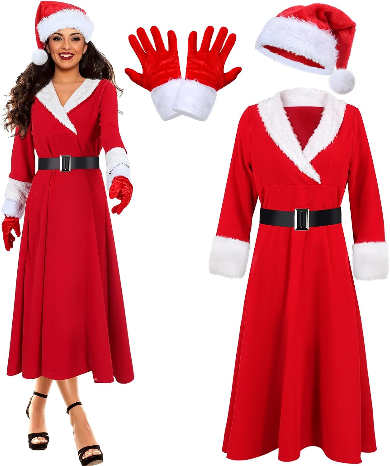 Amazon.com: Haull 4 Pcs Christmas Claus Costume for Woman Santa Costume ...