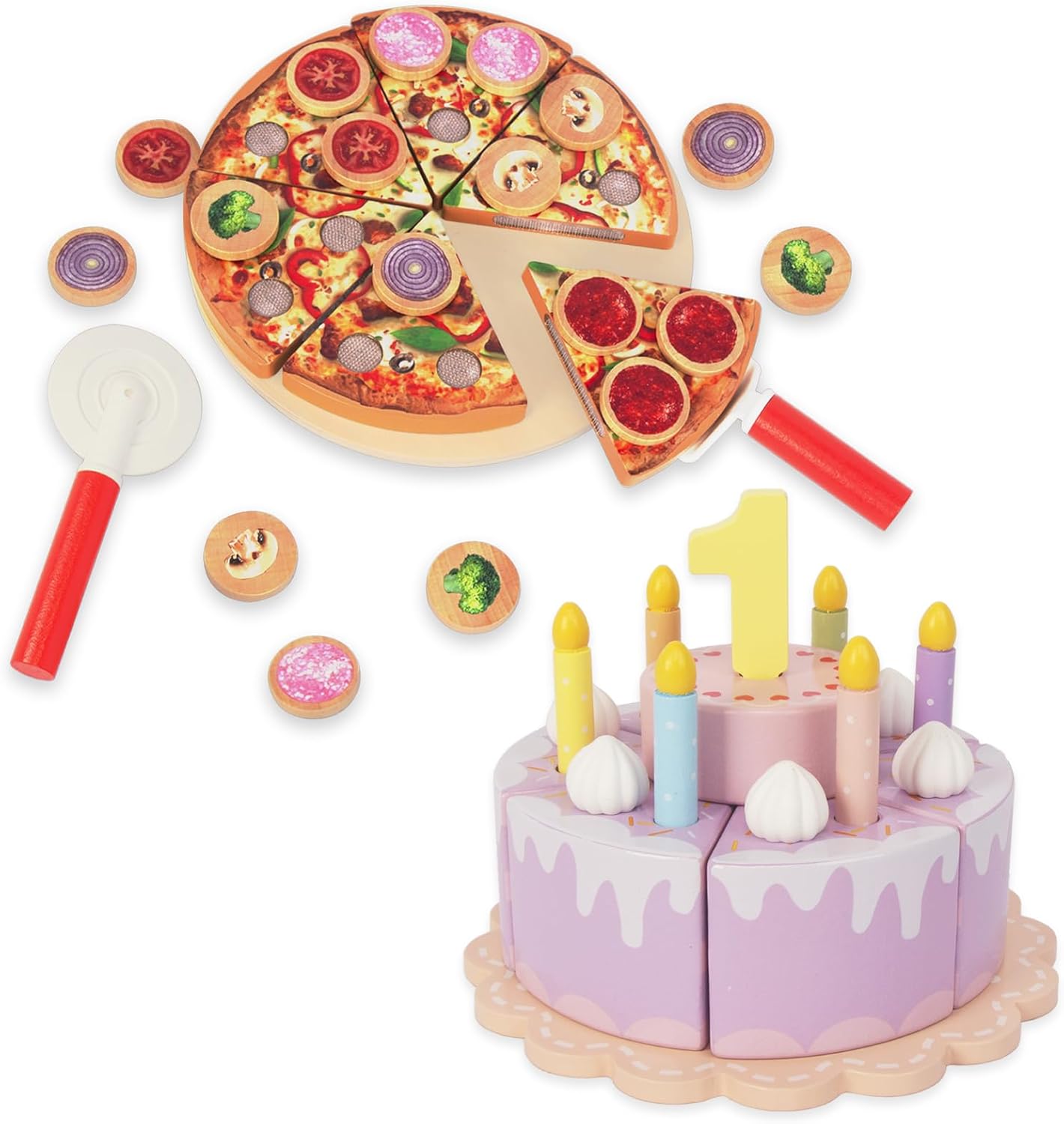 Amazon.com: Wooden Birthday Cake Toy and Pizza Toys for Toddlers : Toys ...