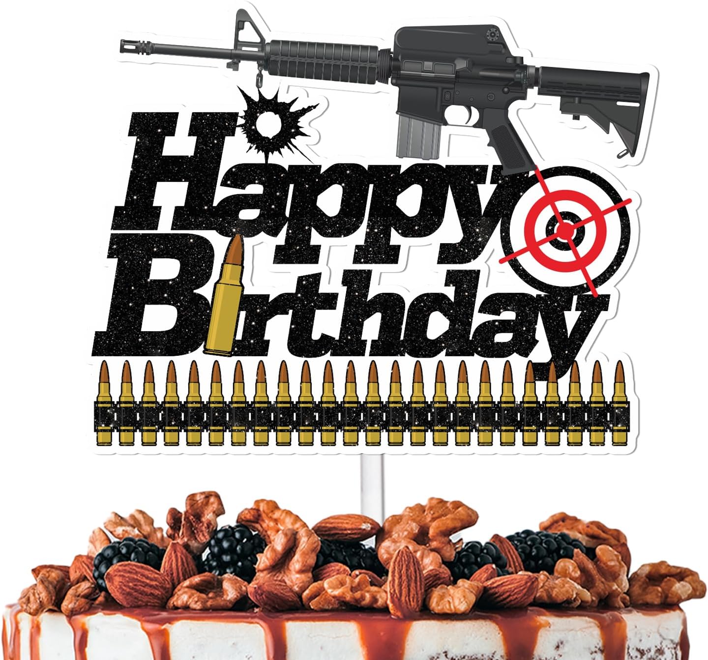 Amazon.com: Black Glitter Heavy Gun Happy Birthday Cake Topper Cheer to ...