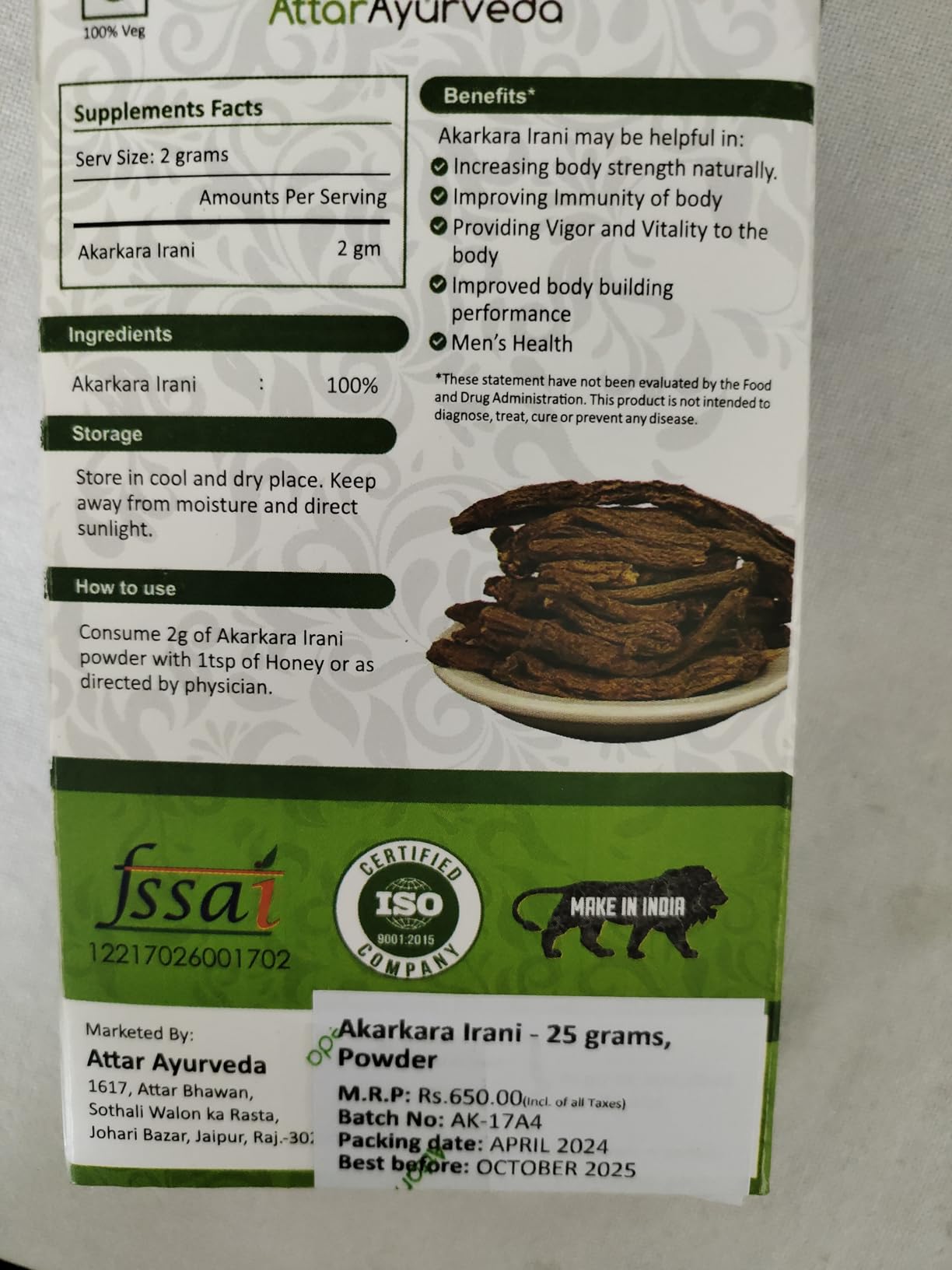 Buy Attar Ayurveda Original Akarkara Irani Powder | Anacyclus Pyrethrum ...