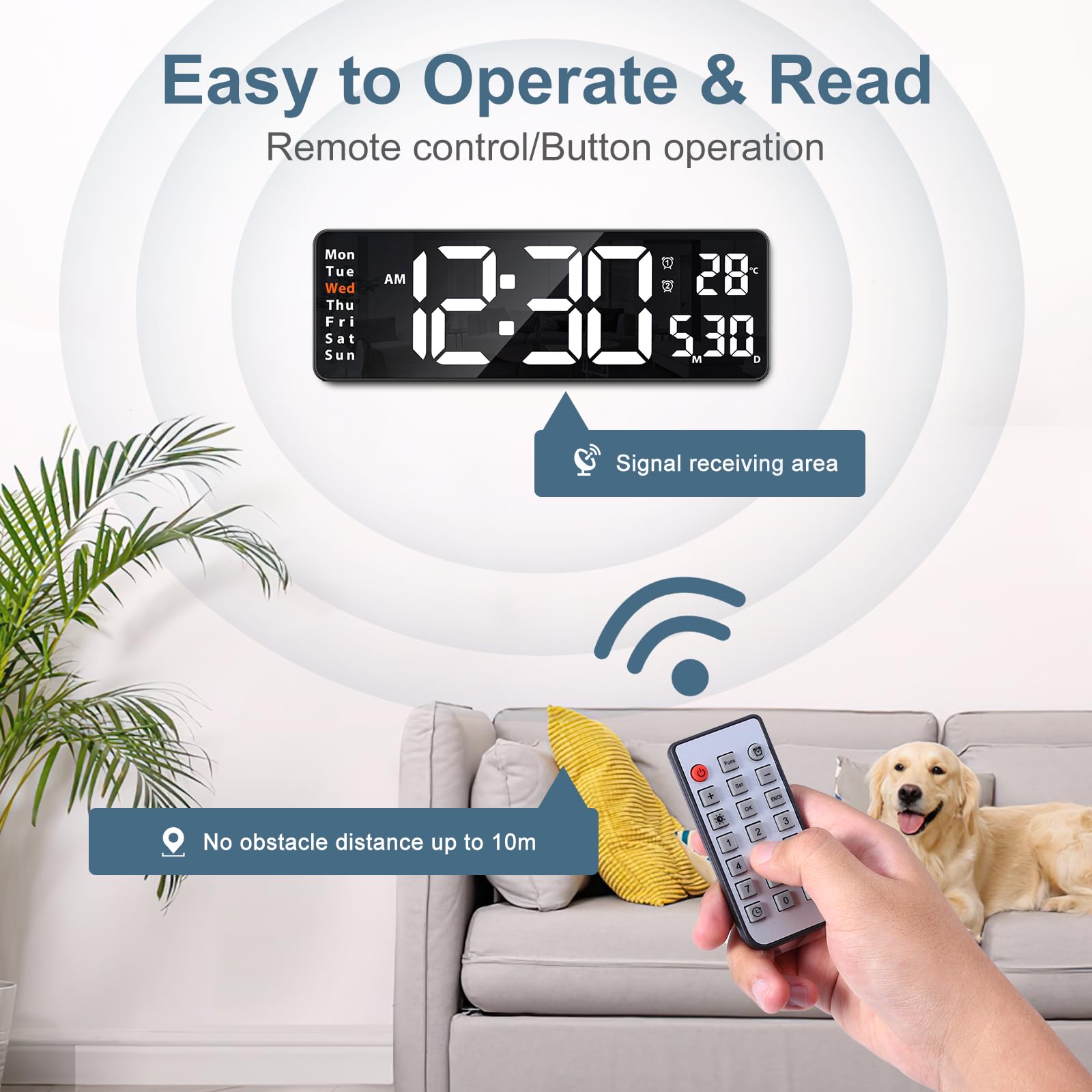 Ankilo 16” Digital Wall Clock with Remote Control, Large Display Alarm ...