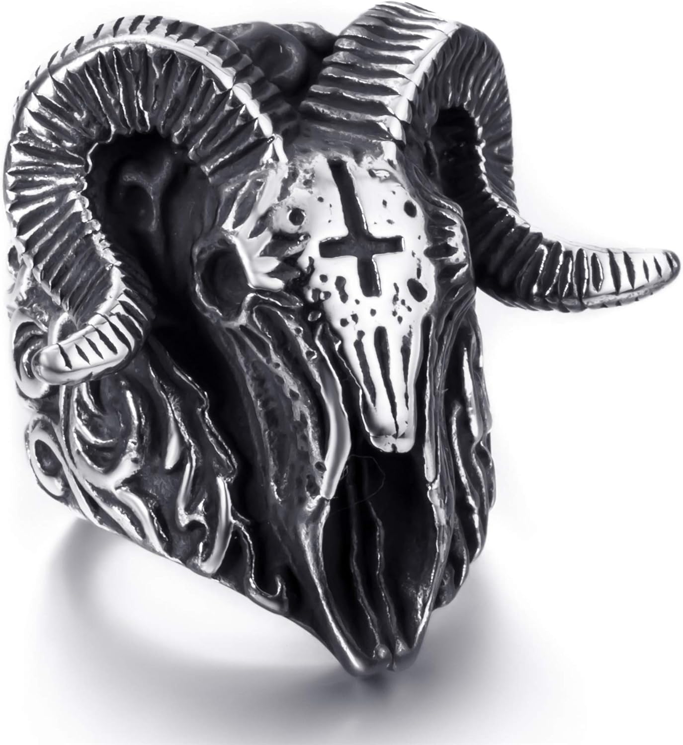 ELFASIO Men Satanic Baphomet Skull Rings for Men Inverted Cross Goat ...