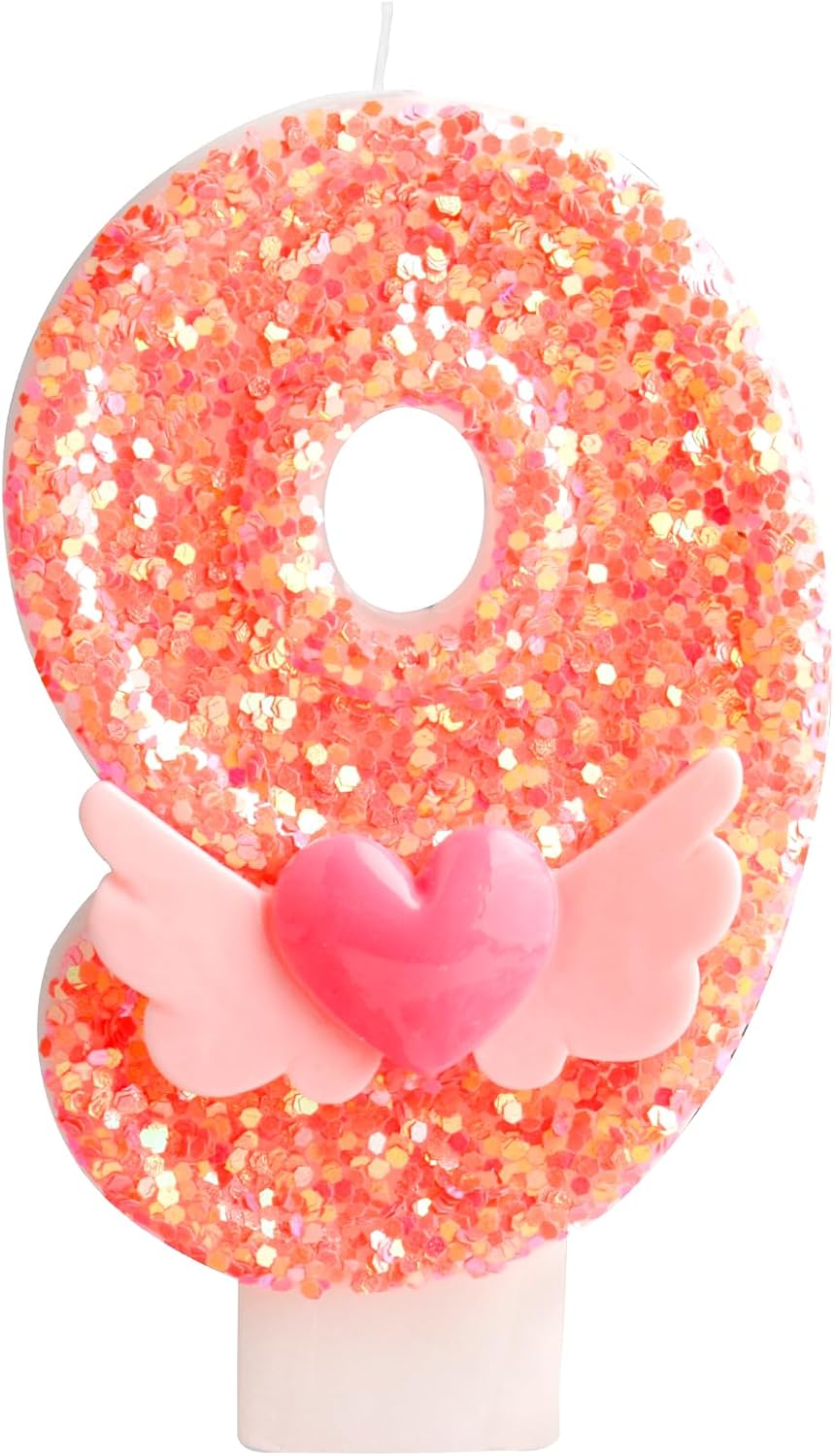 Amazon.com: Zi Lan Pink Heart Wings 9th Birthday Candles, Glitter ...