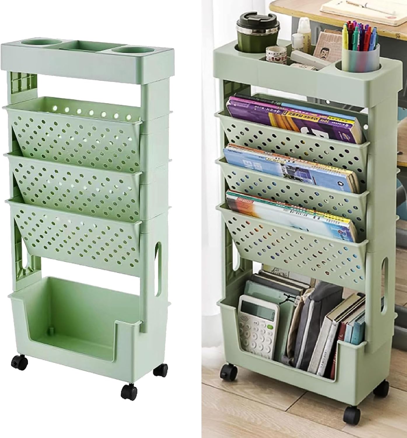 Magazine Rack Book Carts with Wheels, 5 Tier Standing Shelf Unit ...