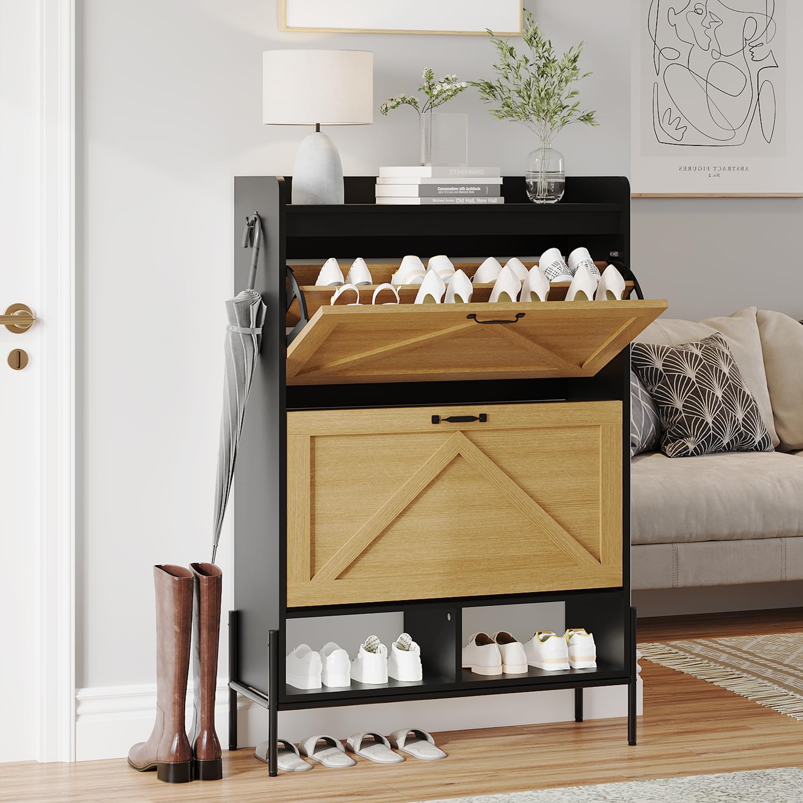 Amazon.com: Shoe Cabinet with 2 Flip-Up Drawers, Hidden Shoe Storage ...