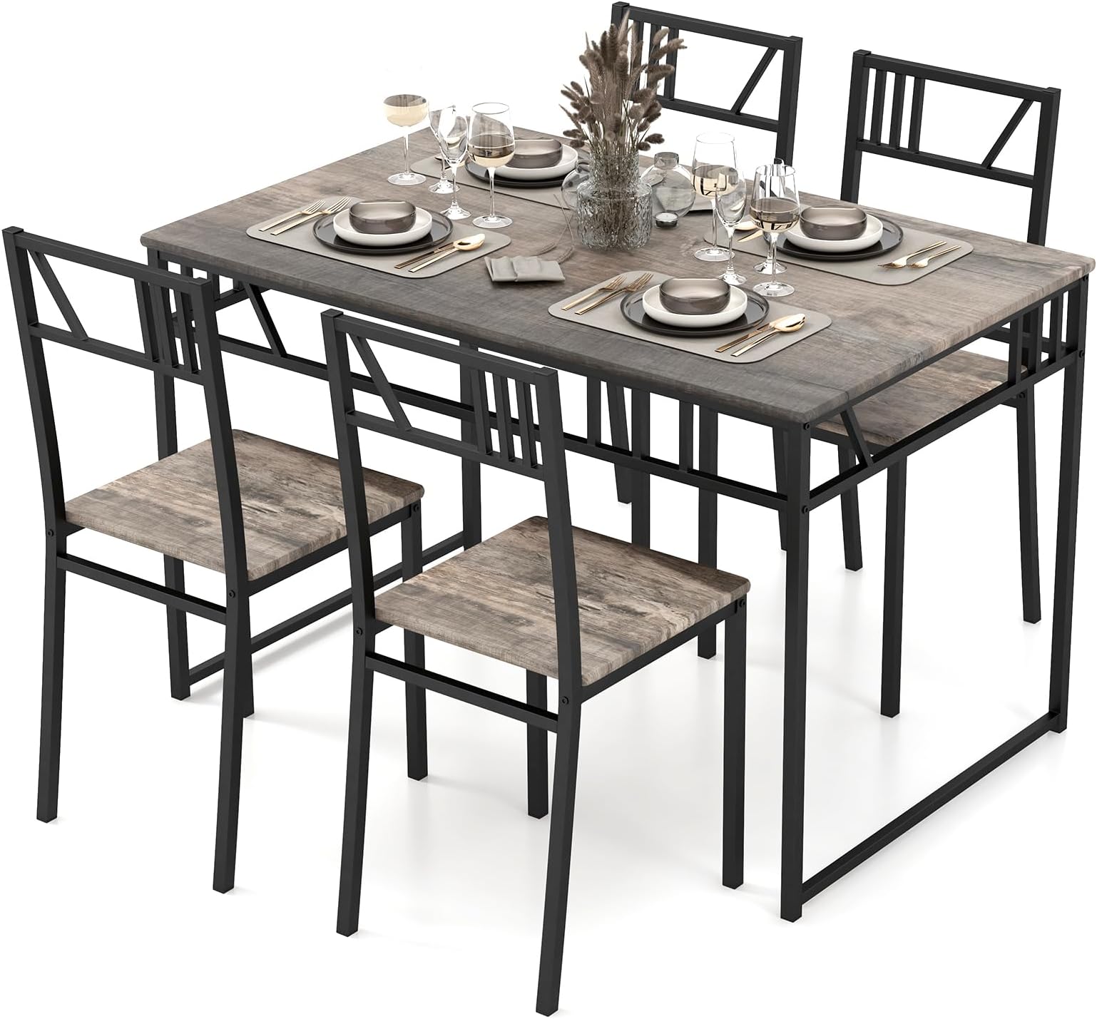 COSTWAY Dining Table and Chairs Set 4, Wood Effect Rectangular Kitchen ...