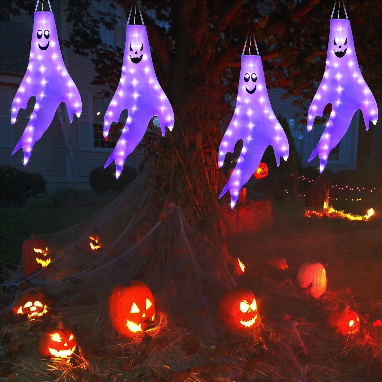 Snapklik.com : 4 Pack Halloween Ghost Windsocks, Solar Powered Glowing ...