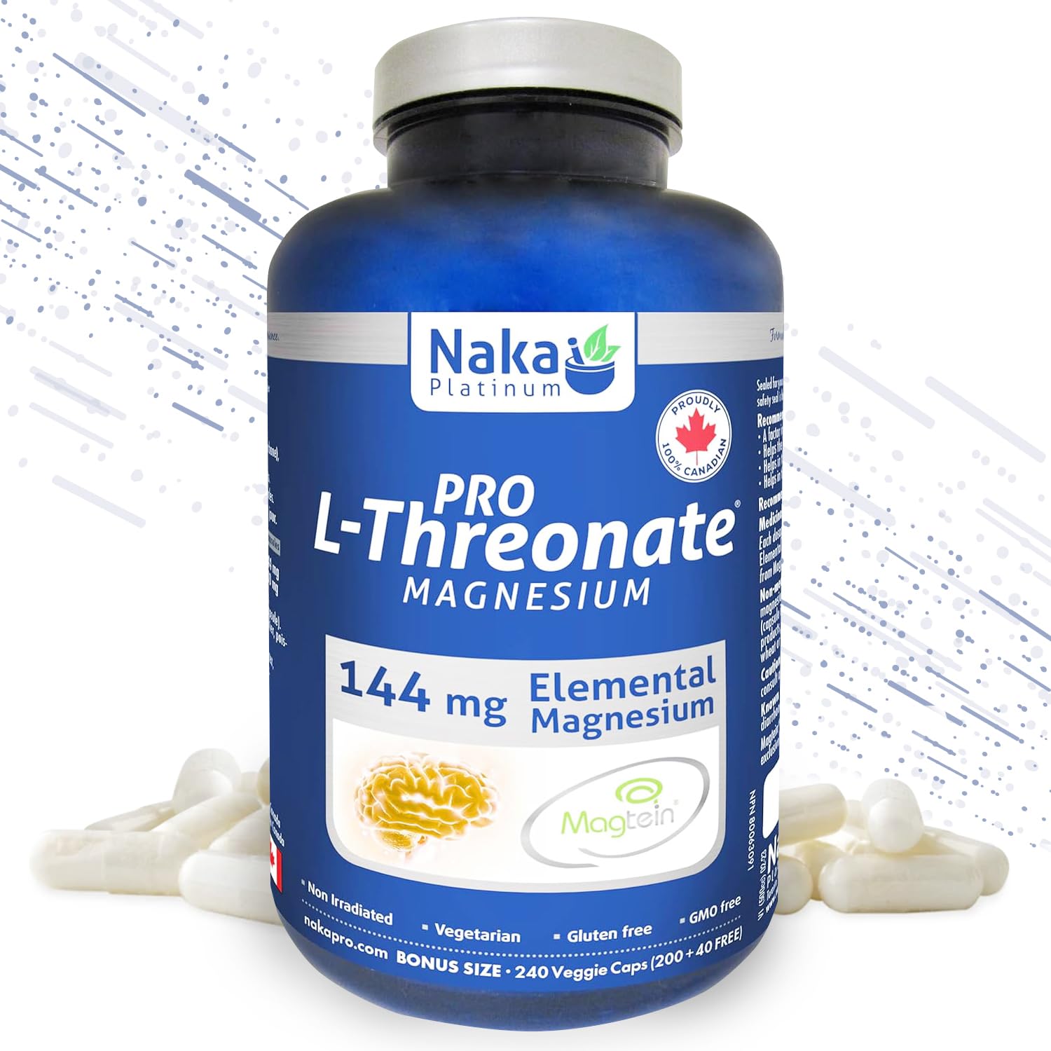 Naka Platinum PRO Magnesium L-Threonate Magtein 240 caps 2,000 mg per ...