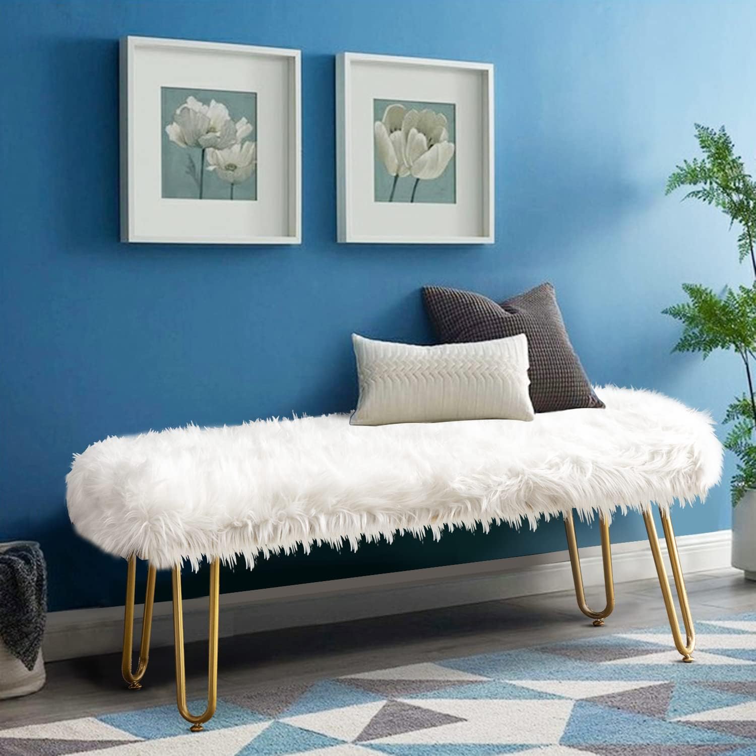 Amazon.com: IVANE Faux Fur Bench, White, Metal Frame, Plush Upholstery ...