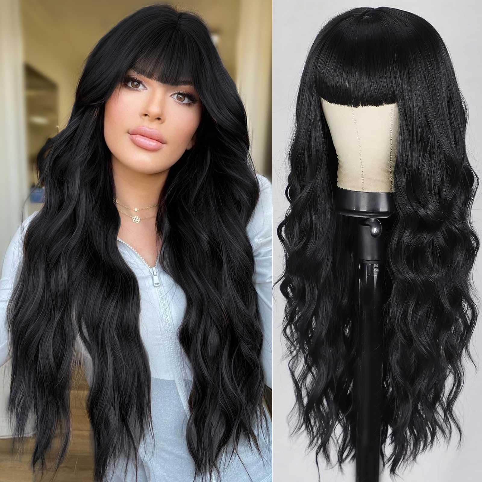 Amazon.com : Lativ Black Wig with Bangs Long Wavy Wig for Women ...