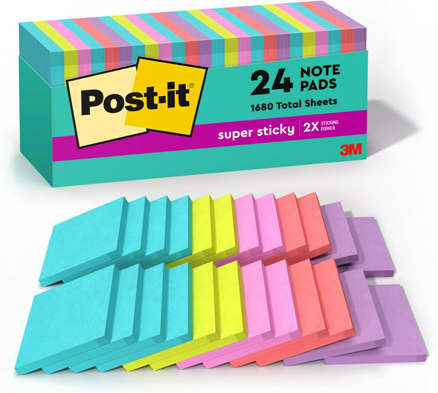 Post-it Super Sticky Notes, 24 Sticky Note Pads, 3 x 3 in., School ...