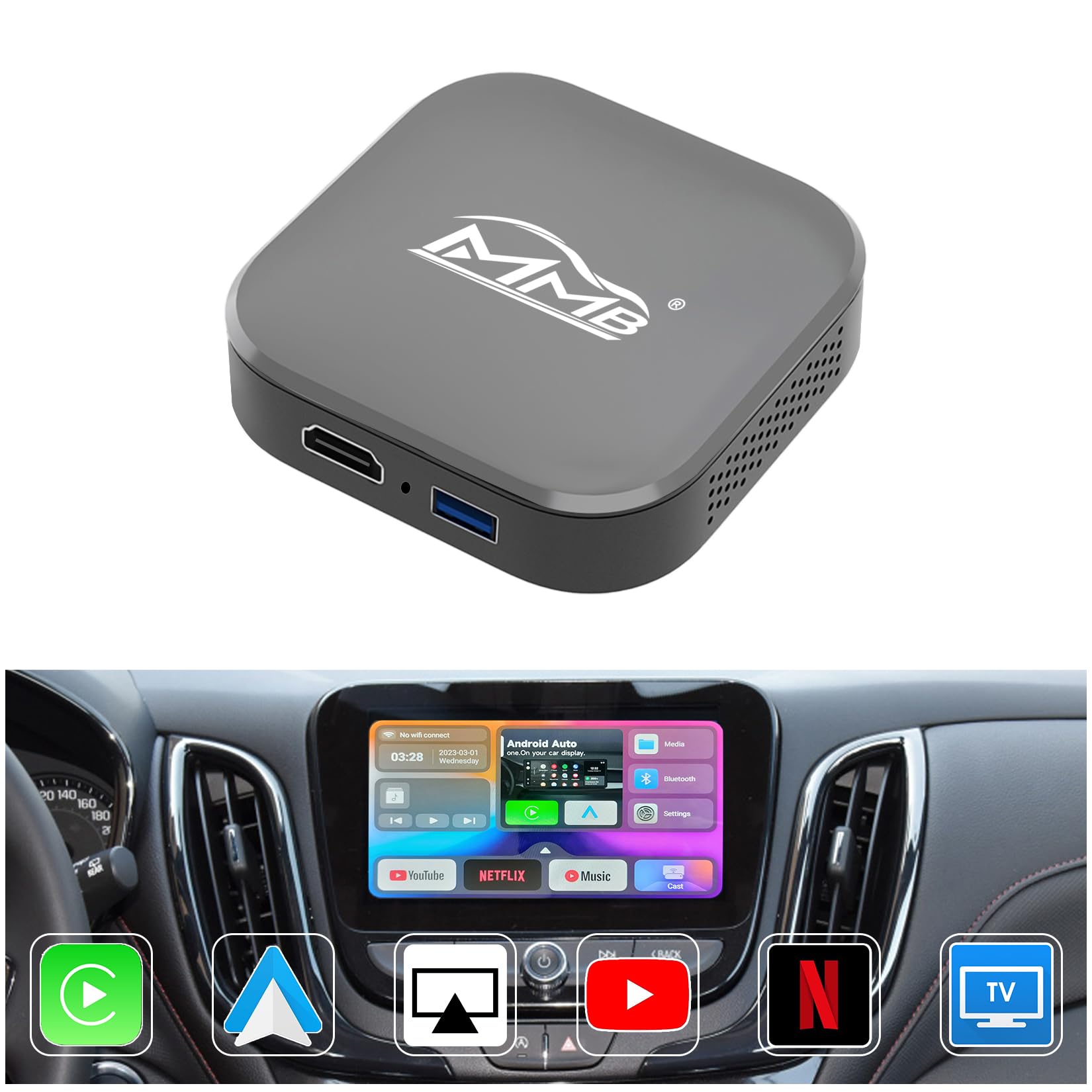 MMB Wireless CarPlay Android Auto Mirroring Smart YouTube Netflix TV Video HDMI AI Box Dongle ...