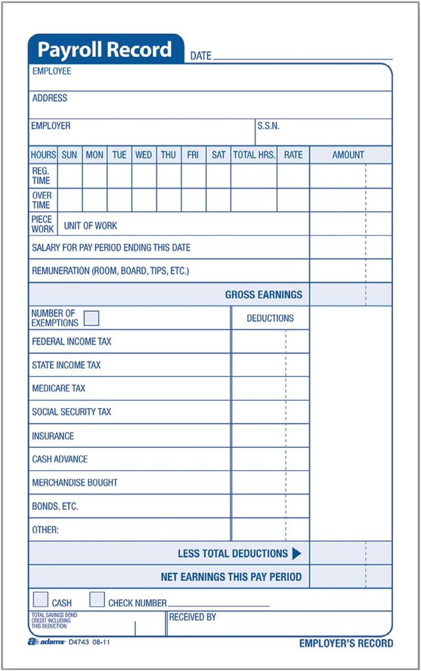 Adams Employee Payroll Record Book, 4.19 x 7.19 Inches, White and ...