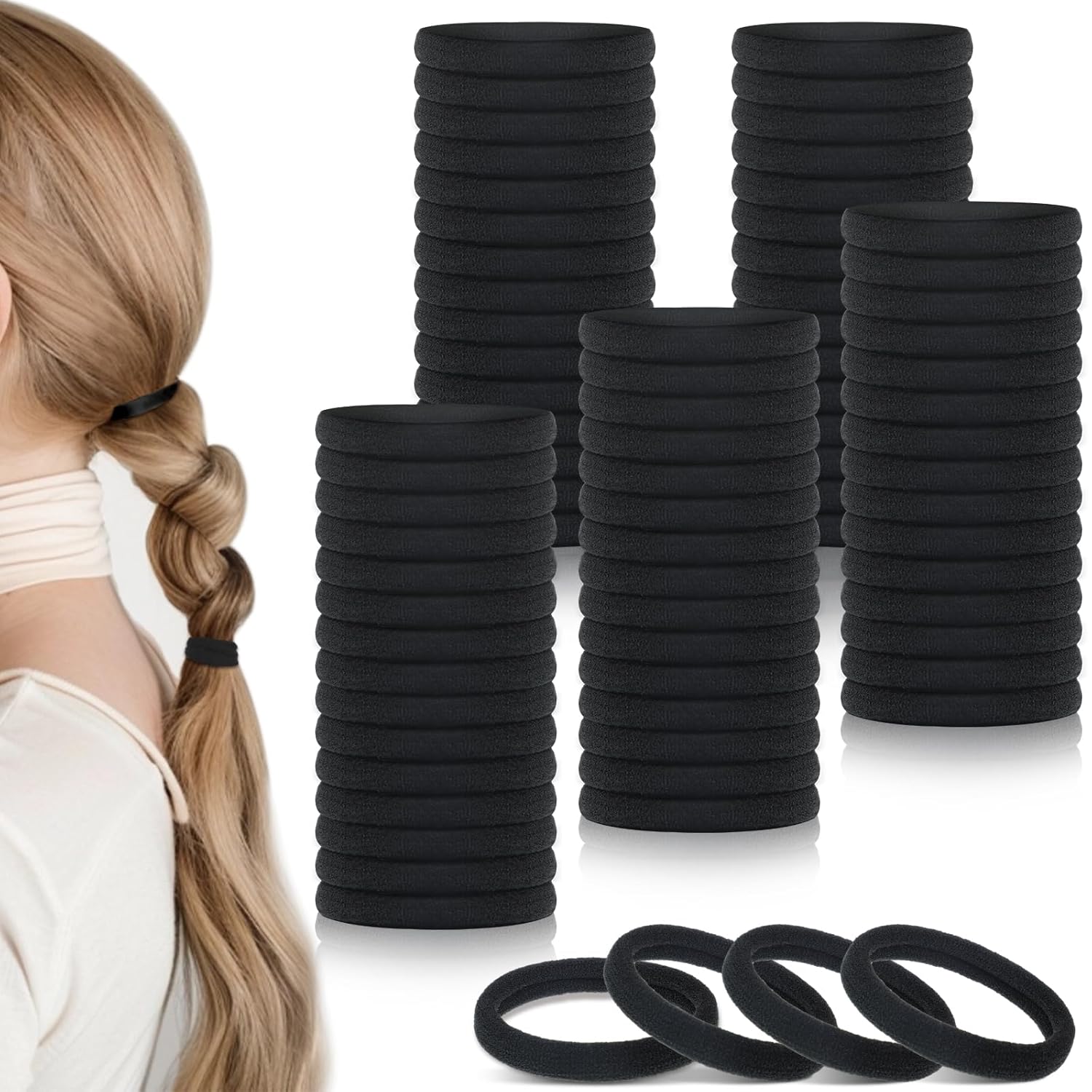 Amazon.com : obeoby 100PCS Black Hair Ties, Seamless Hair Ties Ponytail ...