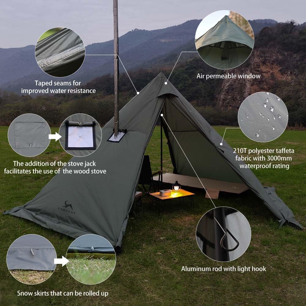 Hot Tent with Stove Jack and Snow Skirt, 6.89ft Standing, 3-4 Person ...