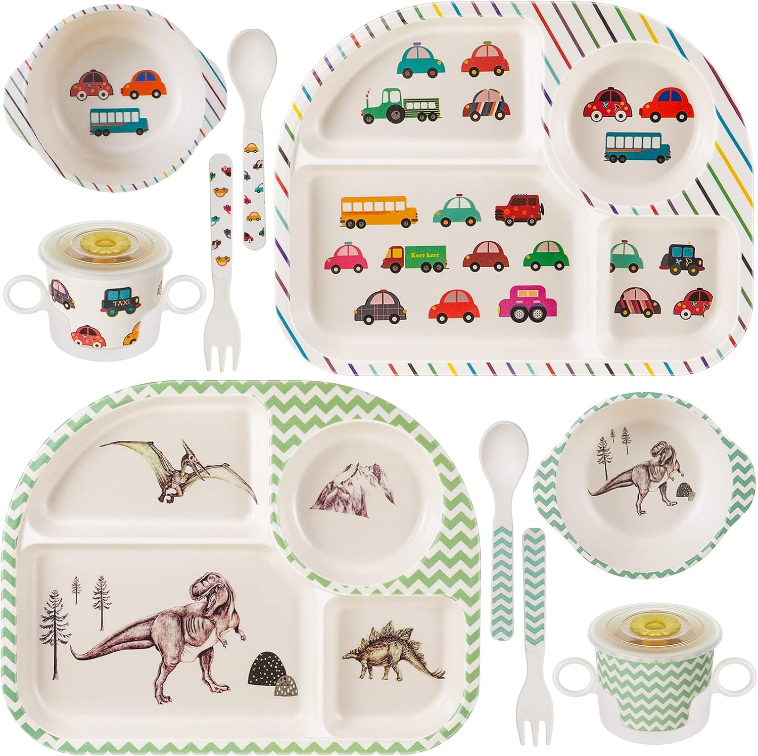 Amazon.com: Roshtia 10 Pcs Cartoon Bamboo Kids Dinnerware Set Dinosaur ...