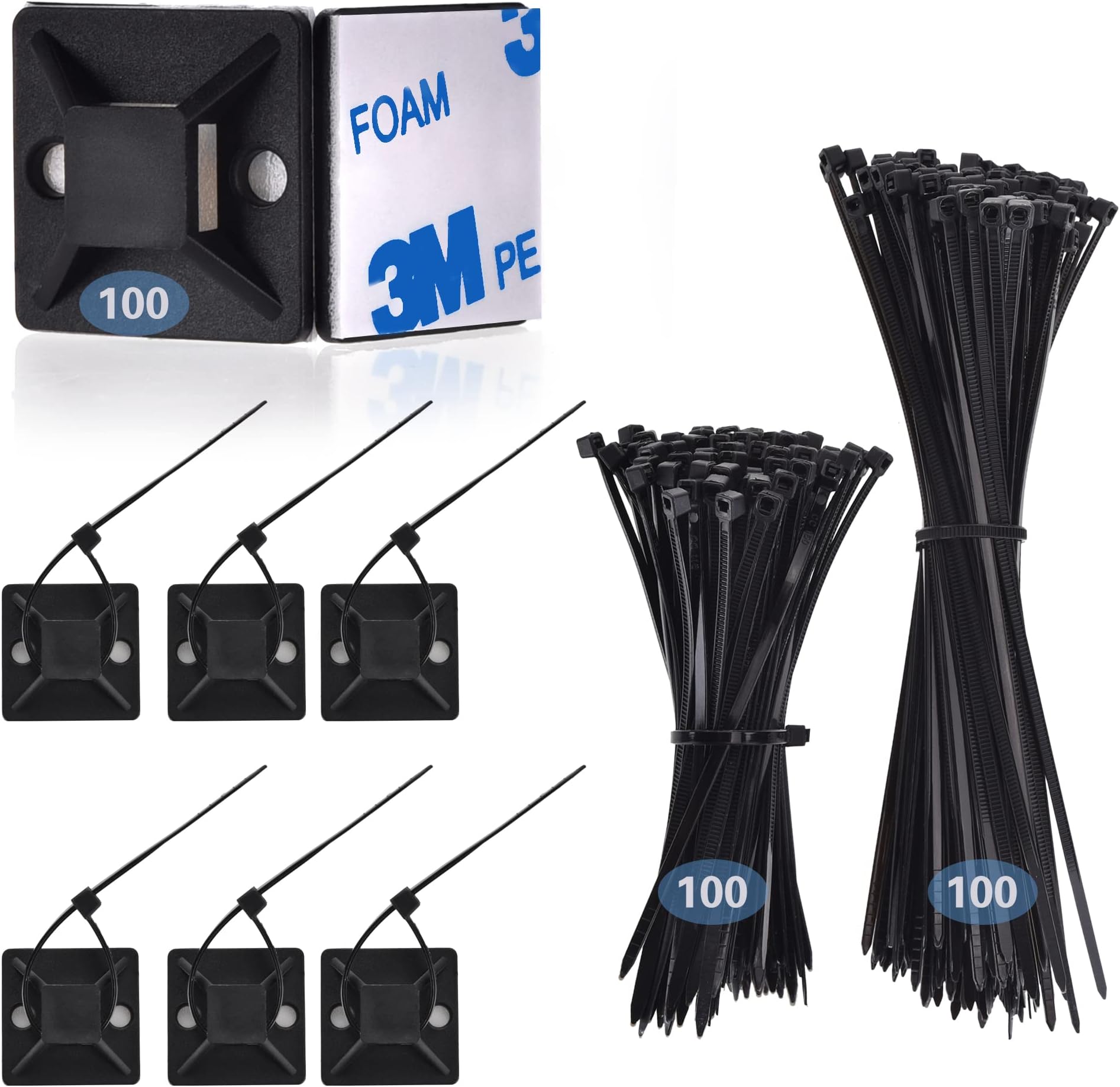 100 Pack of Black Cable Tie Bases - 28mm x 28mm - Premium Adhesive ...