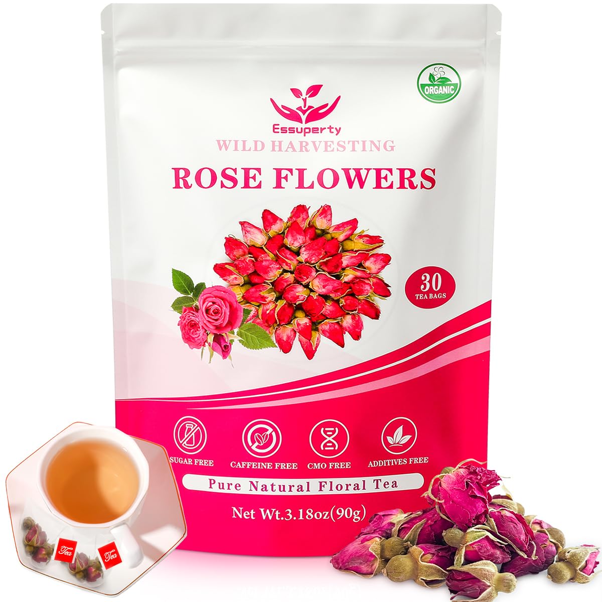 Amazon.com : Organic Rose Herbal Tea with Premium Dried Rose Buds - 30 ...