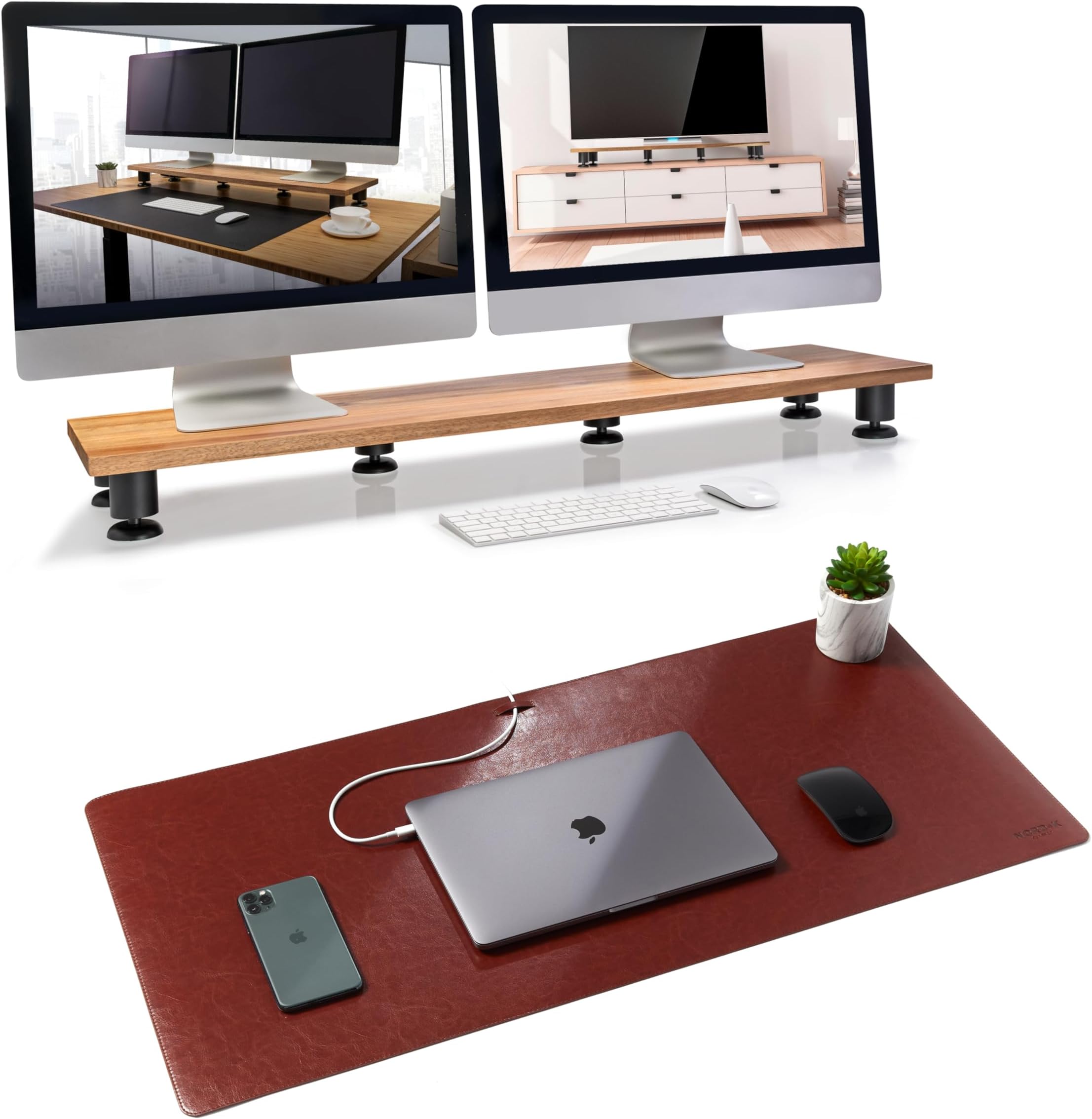 Amazon.com : Dual Monitor Riser and Brown Leather Desk Mat Bundle ...