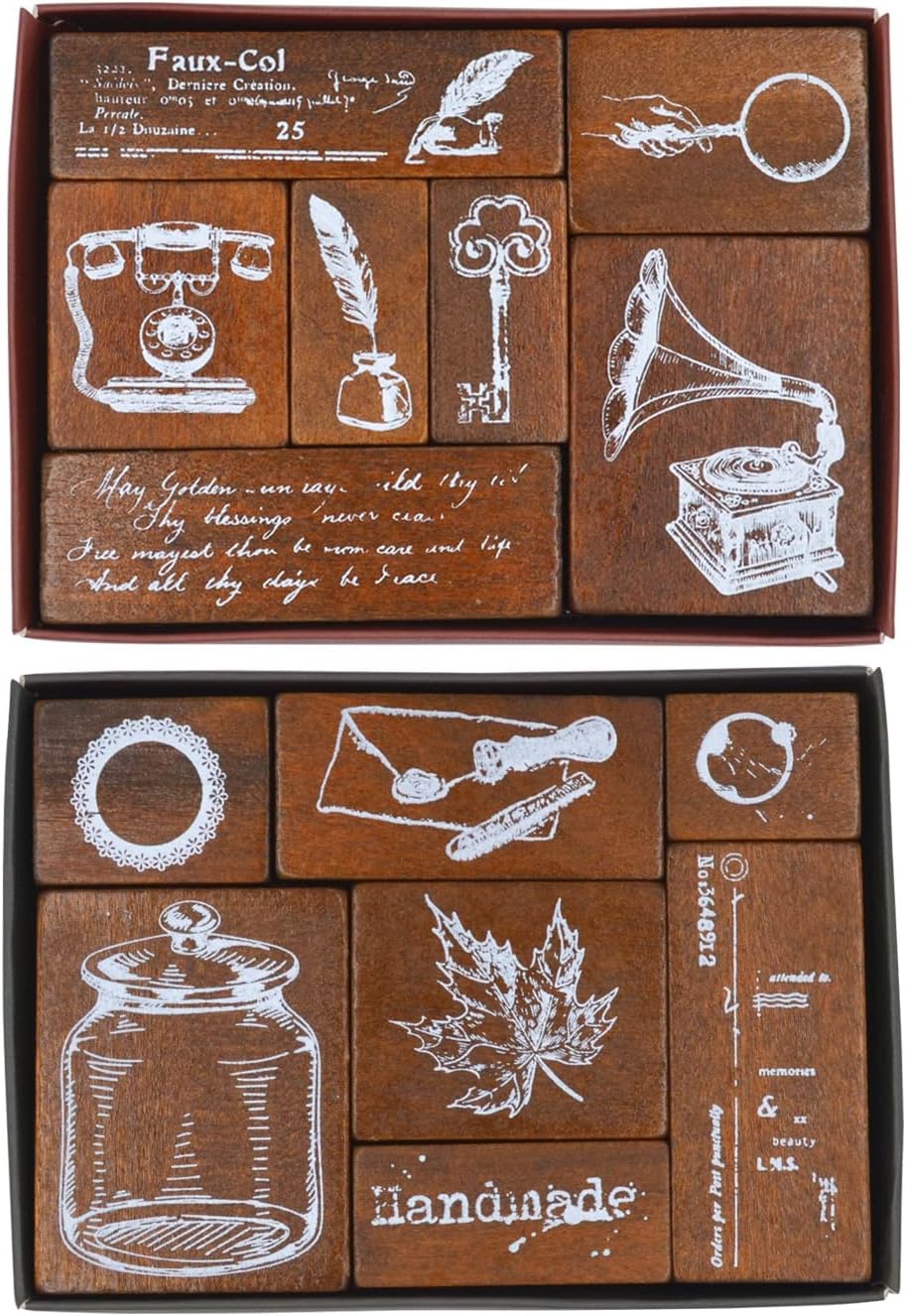 Amazon.com: Cliocoo 14pcs Wood Rubber Stamp Set, Vintage Decorative ...