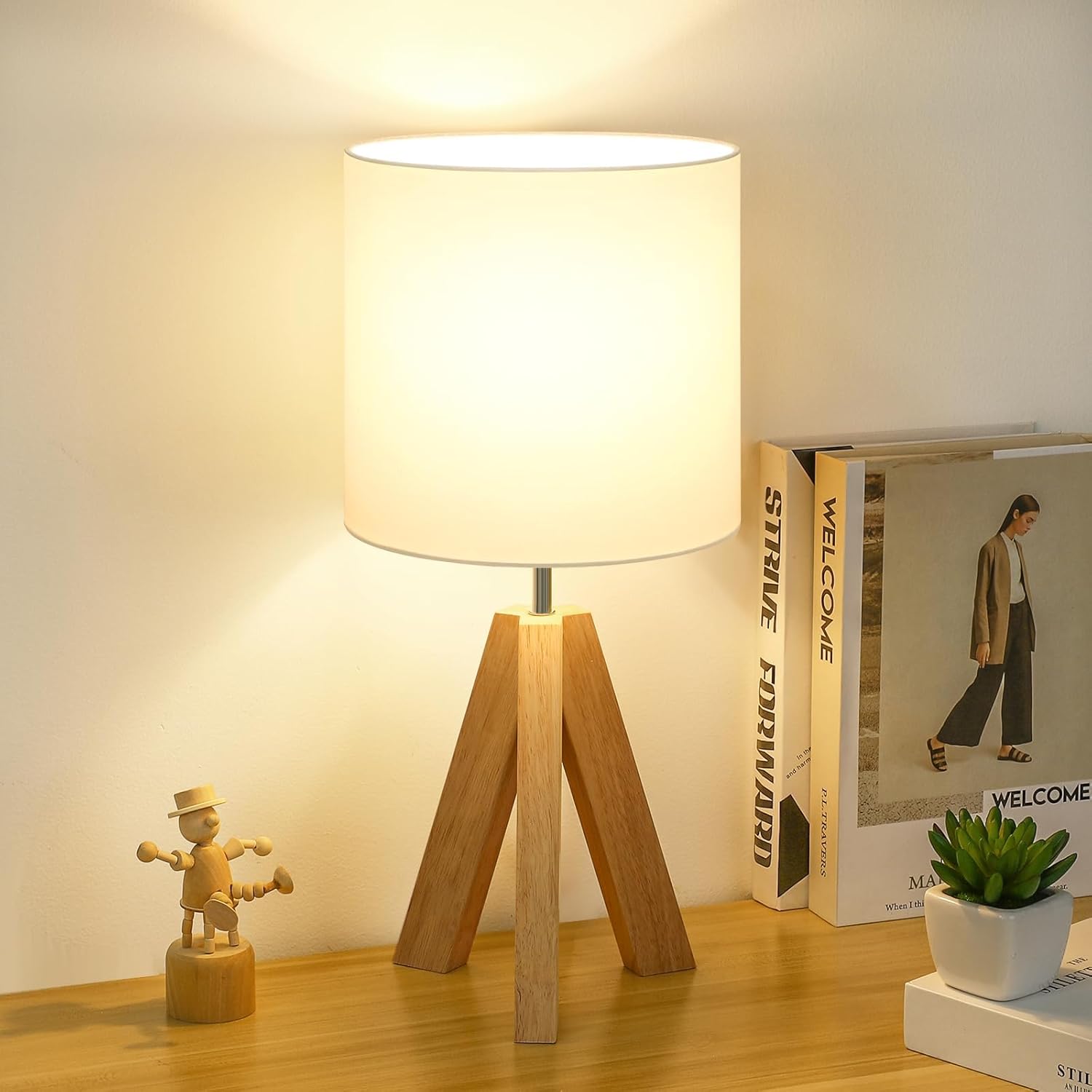 Small Beside Table Lamp, Wood Tripod Table Lamp with White Fabric Shade ...