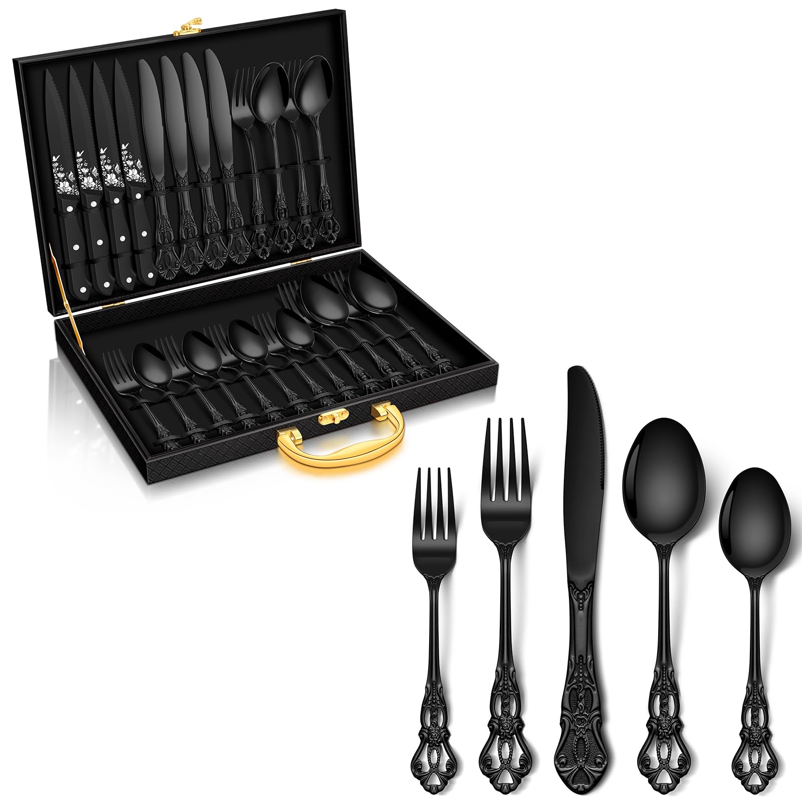 Amazon.com | Stapava 64 Pcs Black Silverware Set with Gift Box ...