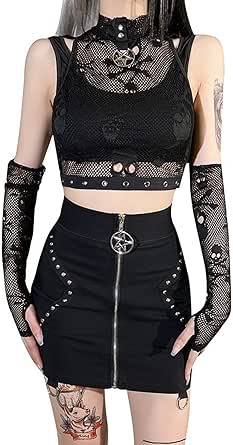 playera corta gótica de malla de calavera Y2K para mujer, 2 piezas ...
