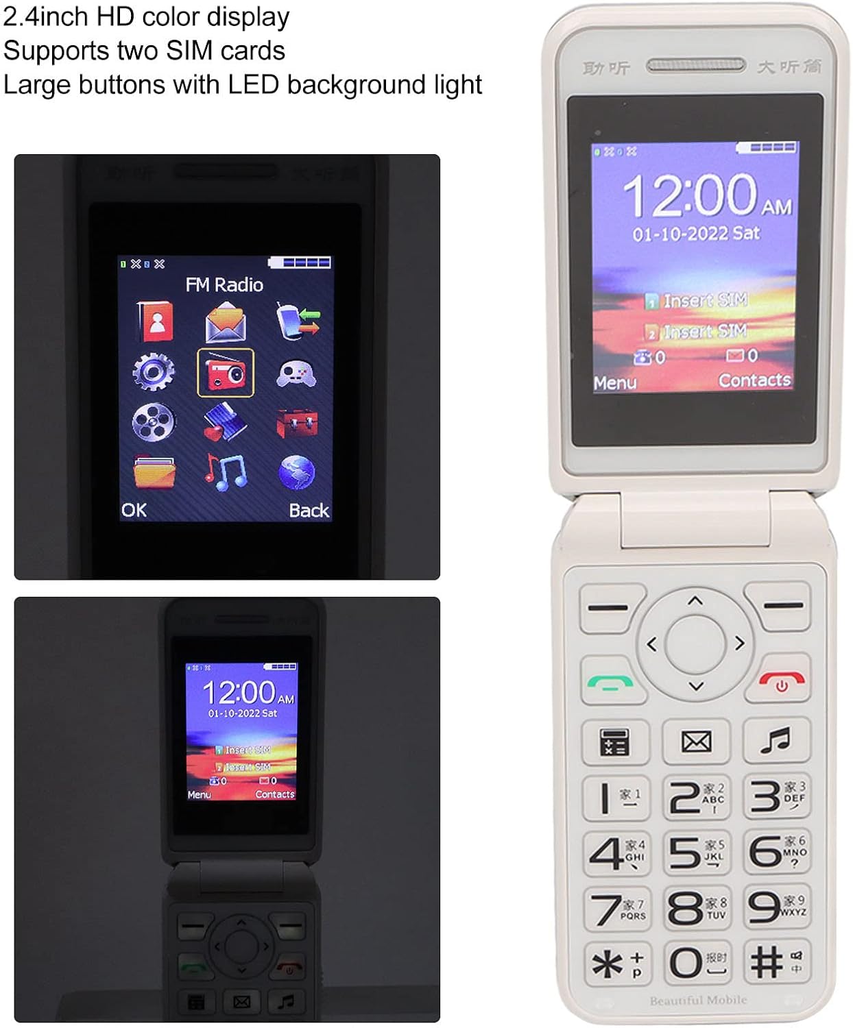 ASHATA 2G Unlocked Flip Phone, Dual SIM Big Buttons Easy to Use Flip ...